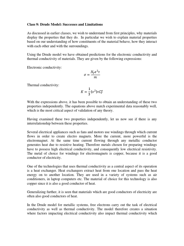 Drude Model: Successes and Limitations | PDF | Thermal Conductivity ...