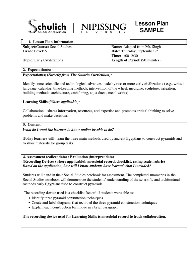 Lesson Plan Sample: What Do I Want The Learners To Know And/or Be Able ...