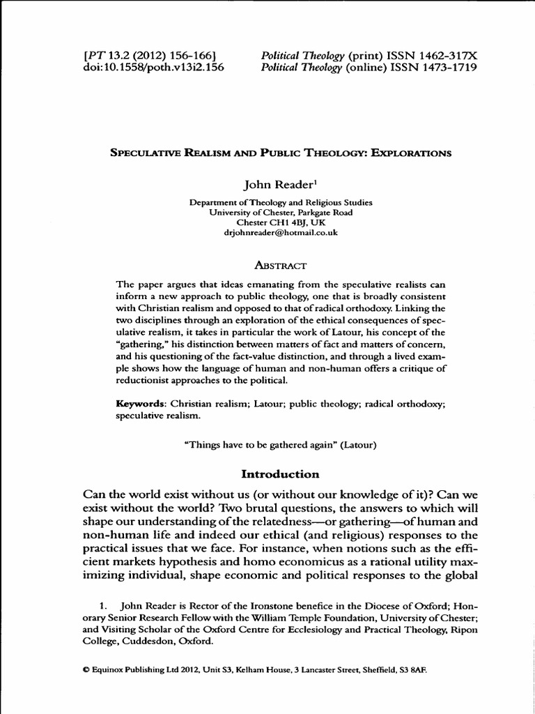 Speculative Realism and Public Theology - John Reader | PDF ...