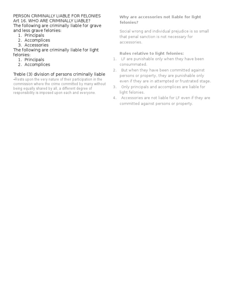 Why Are Accessories Not Liable For Light Felonies? | PDF