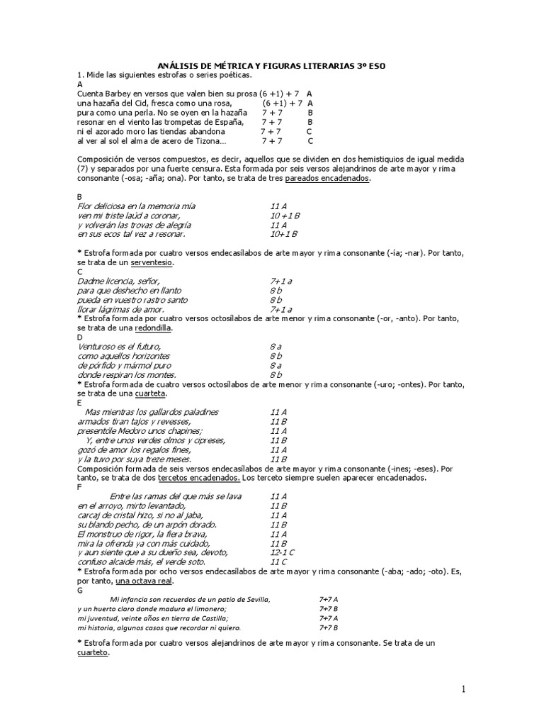 (3. Activ de Métrica y Figuras Literarias 3º Eso) | Métrica (Poesía ...