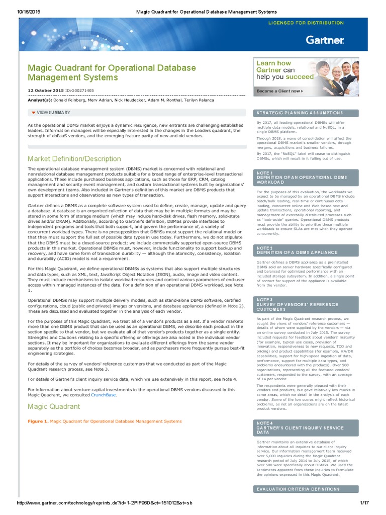 2015 Magic Quadrant For Operational Database Management Systems | PDF | Databases | Cloud Computing