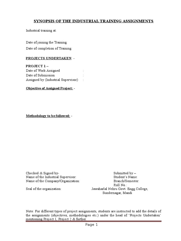 Synopsis of The Industrial Training Assignments: Projects Undertaken ...