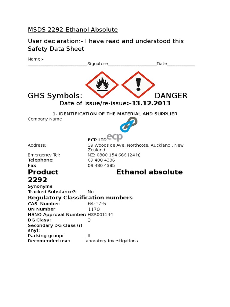 MSDS Ethanol | PDF | Flammability | Dangerous Goods