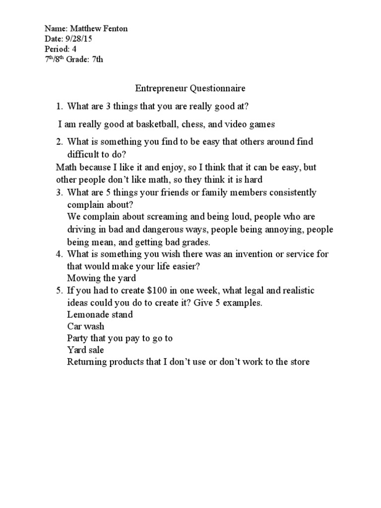 Entrepreneur Questionnaire Matthew Fenton | PDF | Leisure