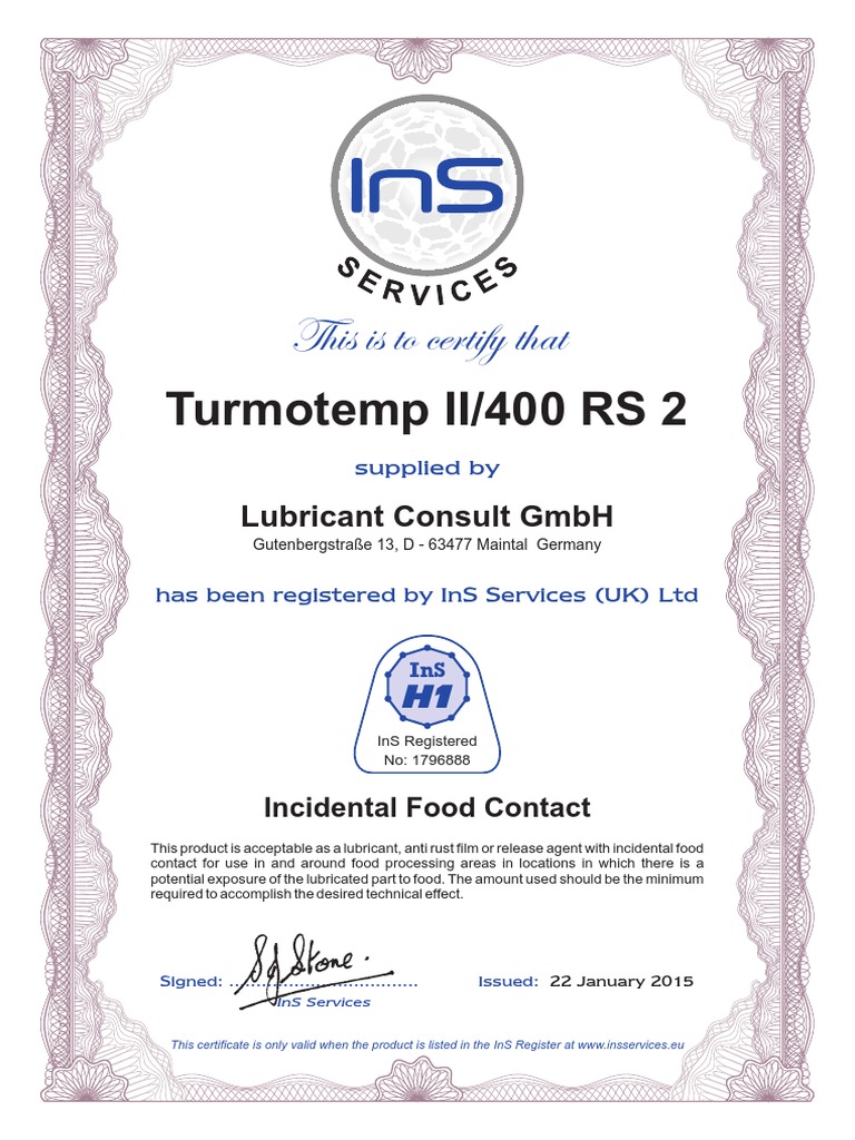 Turmotemp II/400 RS 2 Food-Grade Lubricant Certification | PDF ...