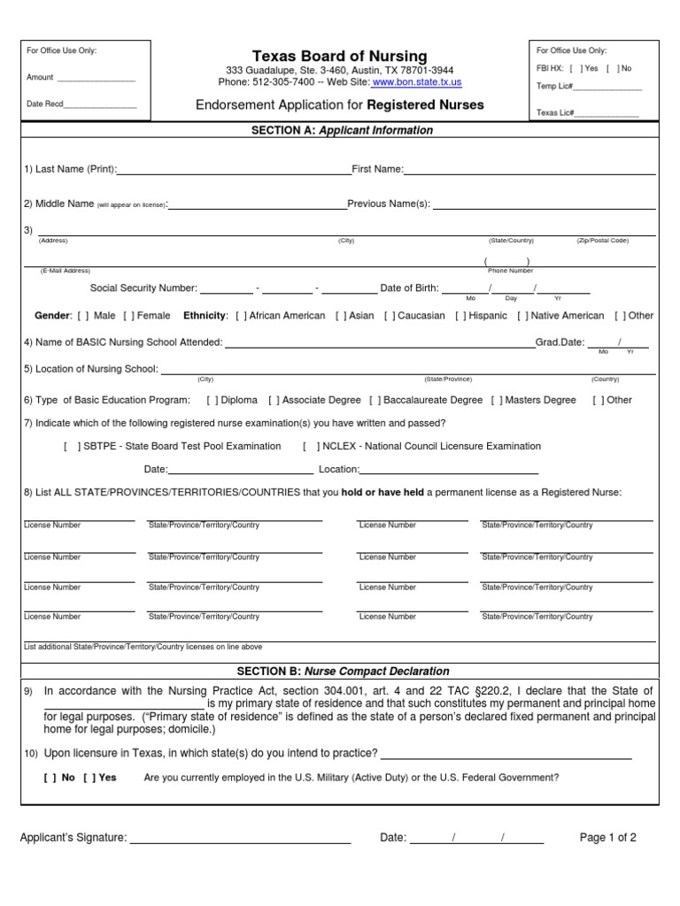 Texas Board of Nursing: Endorsement Application For Registered Nurses | PDF
