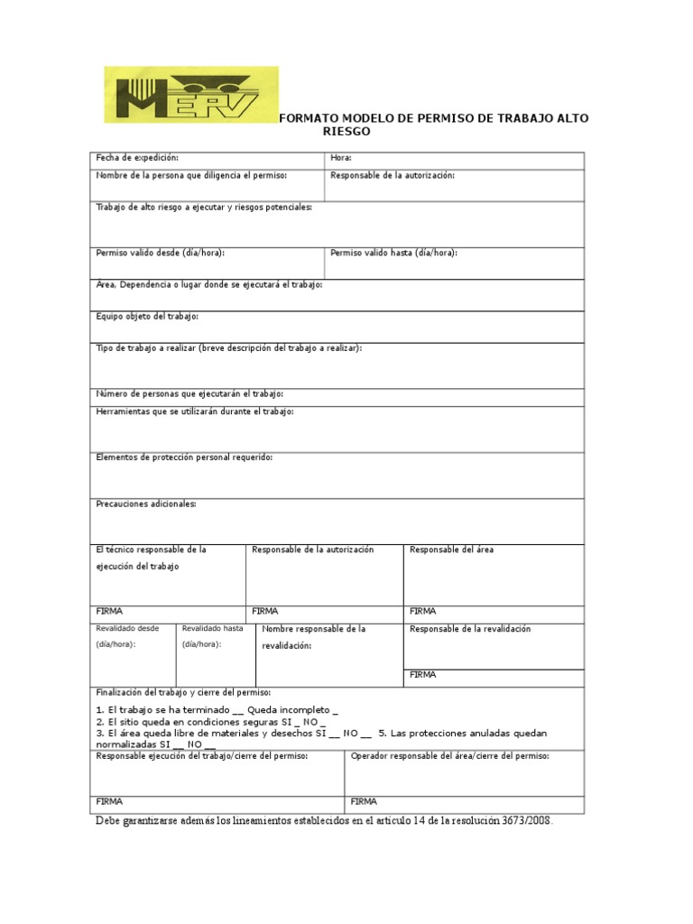 Formato Modelo de Permiso de Trabajo Alto Riesgo | PDF