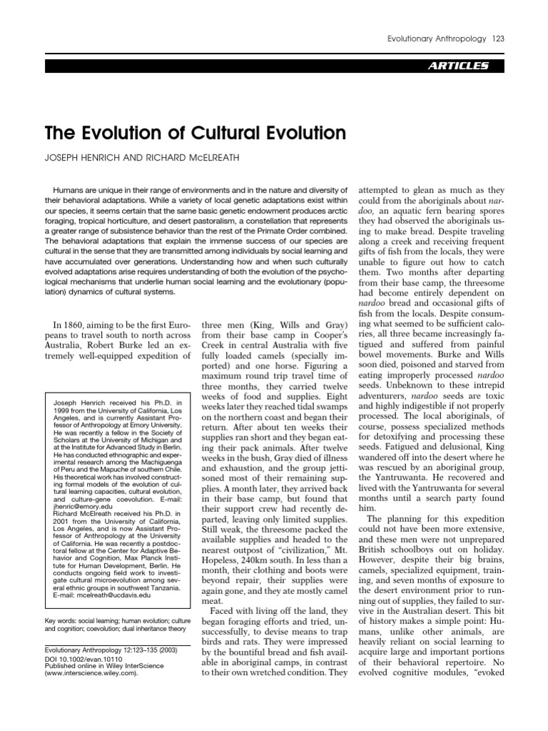 The Evolution of Cultural Evolution: Articles | PDF | Meme | Evolution