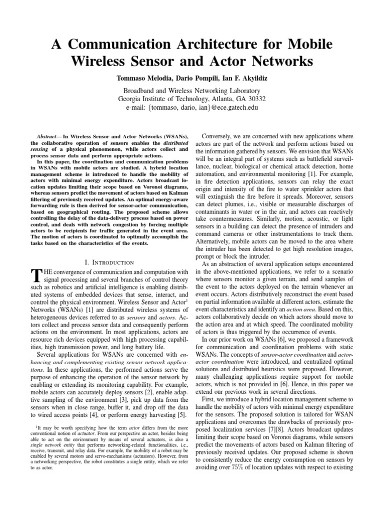 A Communication Architecture For Mobile Wireless Sensor and Actor Networks | PDF | Kalman Filter ...