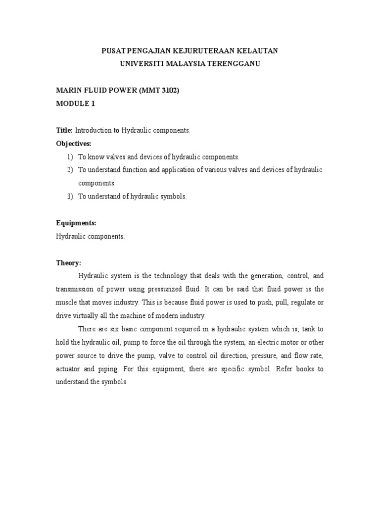 MODULE 2 Intro - Lab Hydraulic | PDF | Valve | Hydraulics MODULE 2 Intro - Lab Hydraulic | PDF | Valve | Hydraulics