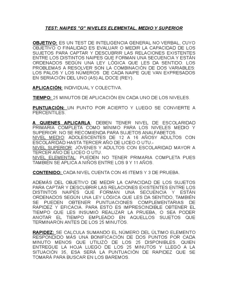 Test de Naipes "G" para Evaluación Cognitiva | PDF