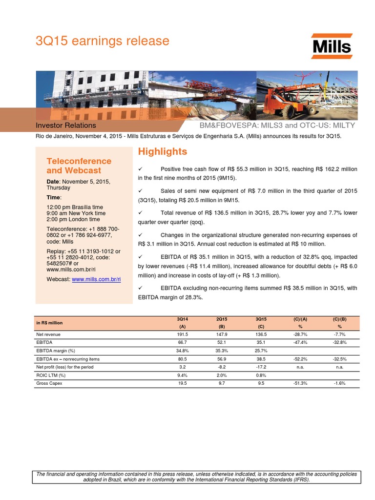 Mills 3Q15 Results | Download Free PDF | Investing | Depreciation