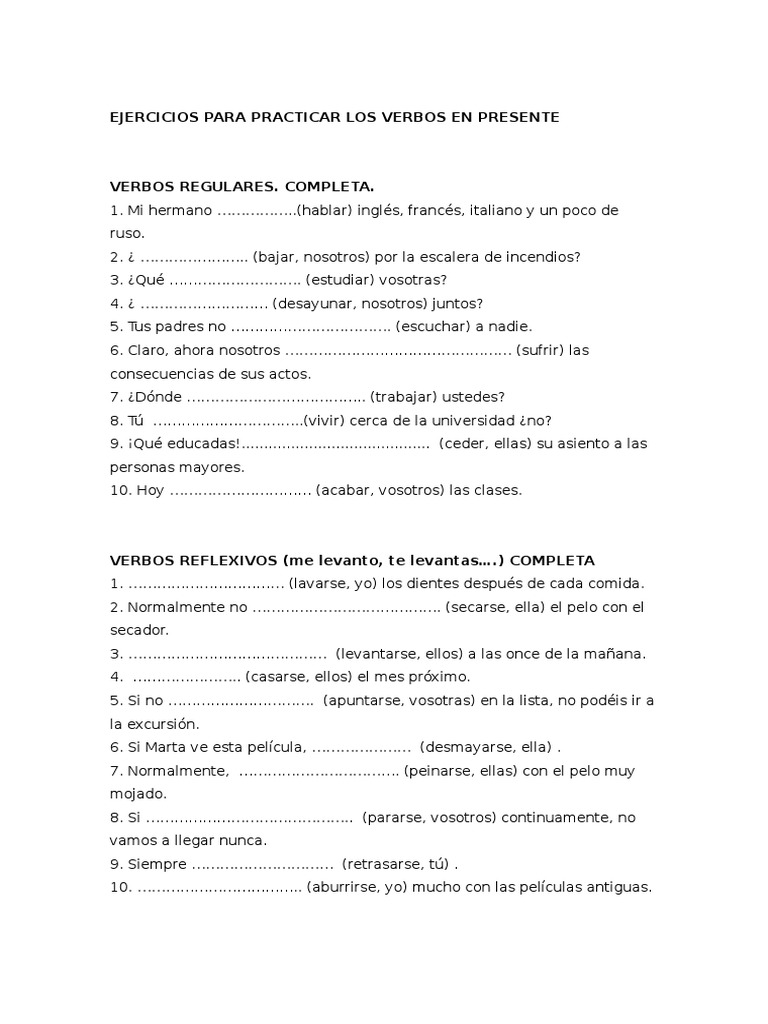 Ejercicios para Practicar Los Verbos en Presente | PDF