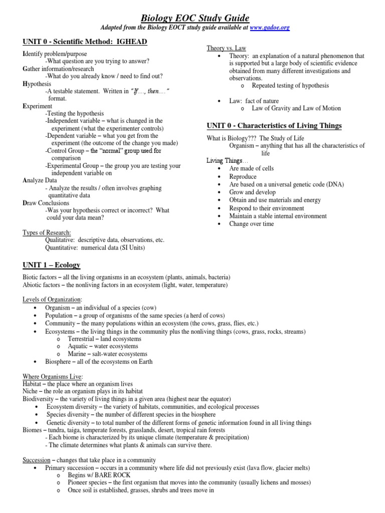 Biology EOC Study Guide Overview | PDF | Meiosis | Cellular Respiration
