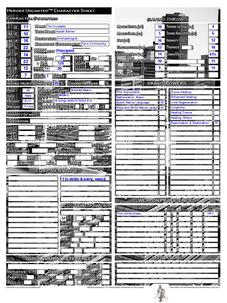 Heroes Unlimited Character Sheet PDF | PDF | Role Playing Games | Leisure