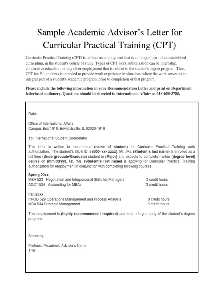 Sample Academic Advisor's Letter For Curricular Practical Training (CPT ...