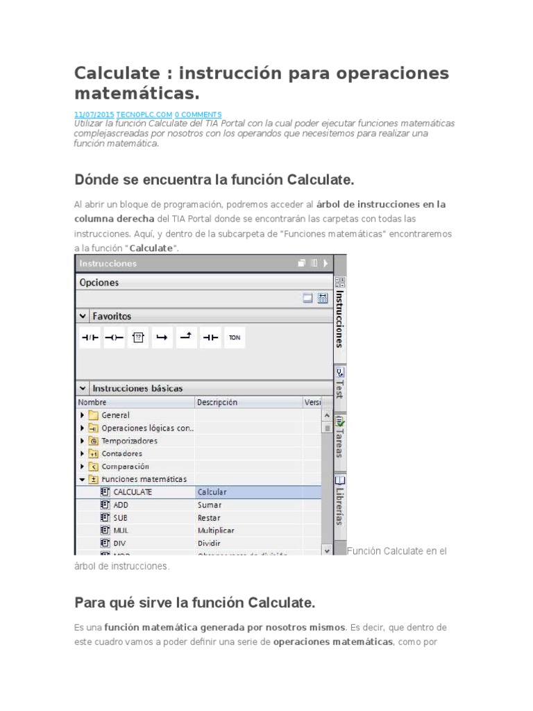 Guía de la función Calculate en TIA Portal | PDF | Fórmula | Función (Matemáticas)