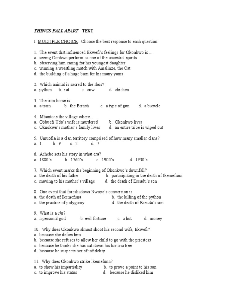 Things Fall Apart 2012 Test | PDF | Igbo People | Religion And Belief