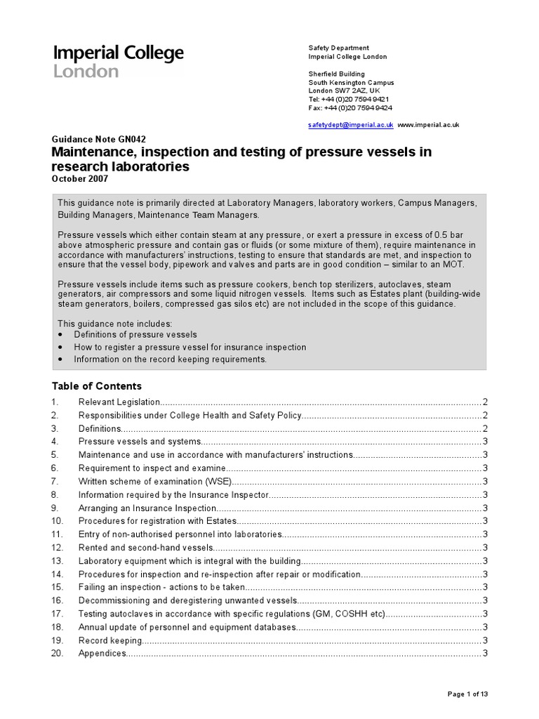 Maintenance, Inspection and Testing of Pressure Vessels | PDF | Safety ...