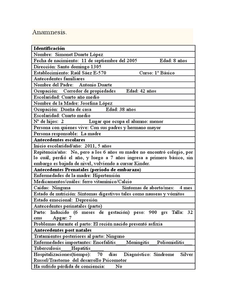 Ejemplo de Anamnesis | PDF | Parto | Enfermedades y trastornos