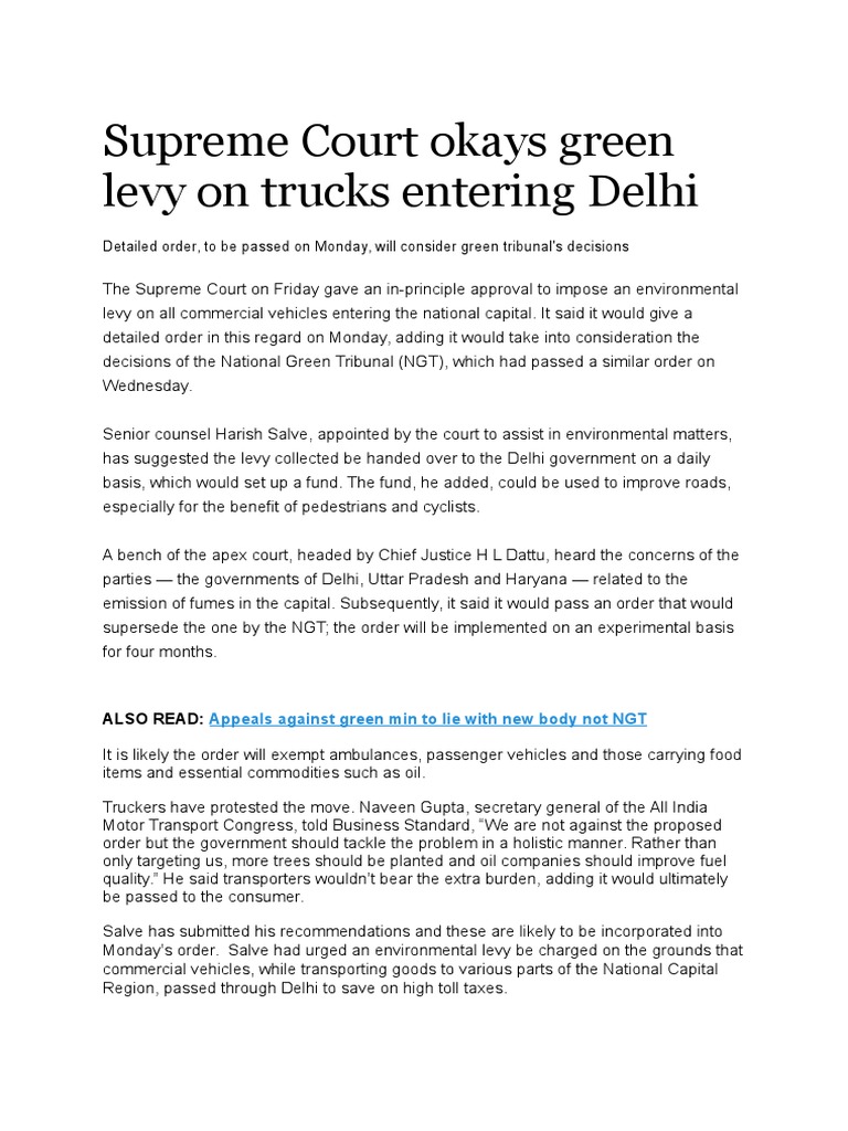 Supreme Court Okays Green Levy On Trucks Entering Delhi | Download Free ...