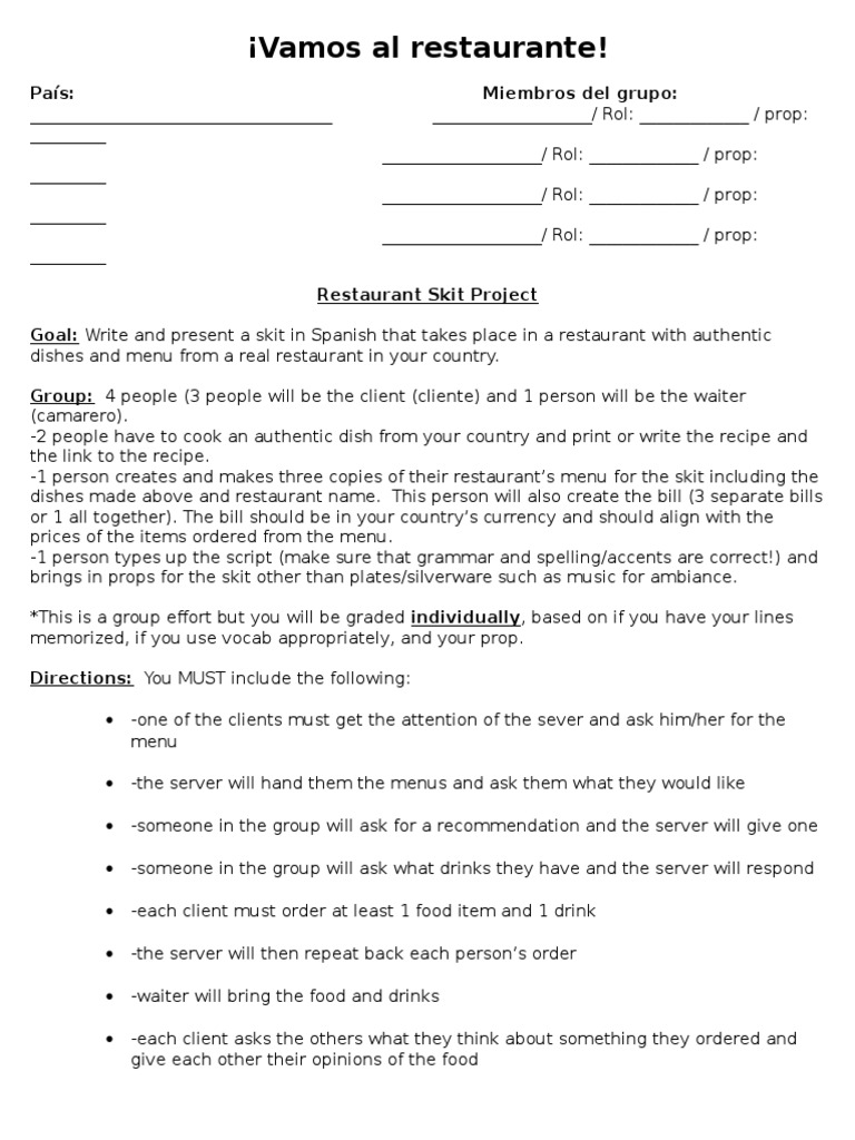 Spanish Restaurant Skit Project Guide | PDF | Menu | Restaurants