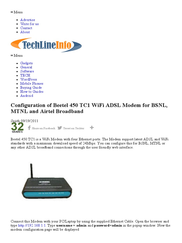 Configuration of Beetel 450 TC1 WiFi ADSL Modem For BSNL, MTNL and ...