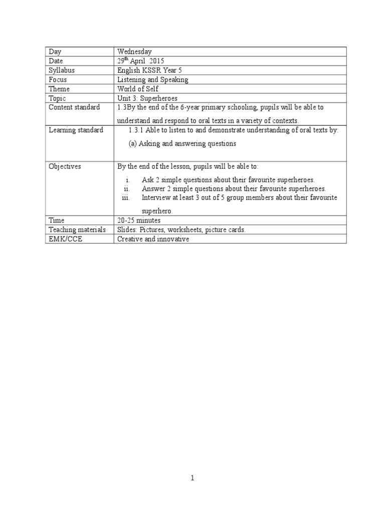 Year 5 English Lesson: Superheroes | PDF | Question | Lesson Plan
