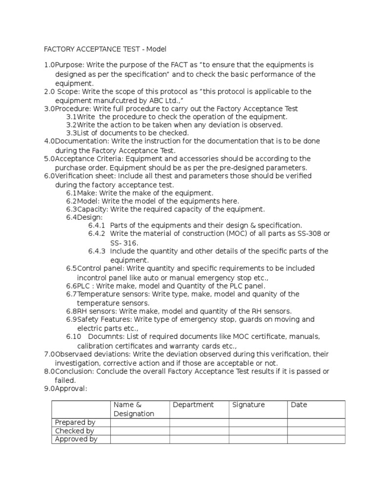 Factory Acceptance Test FAT Protocol | PDF