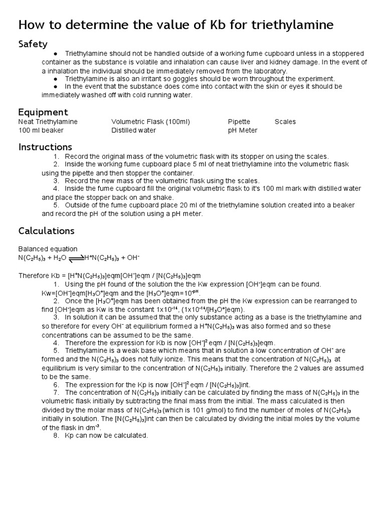 Calculating Kb for Triethylamine Solution | PDF | Concentration | Mole ...