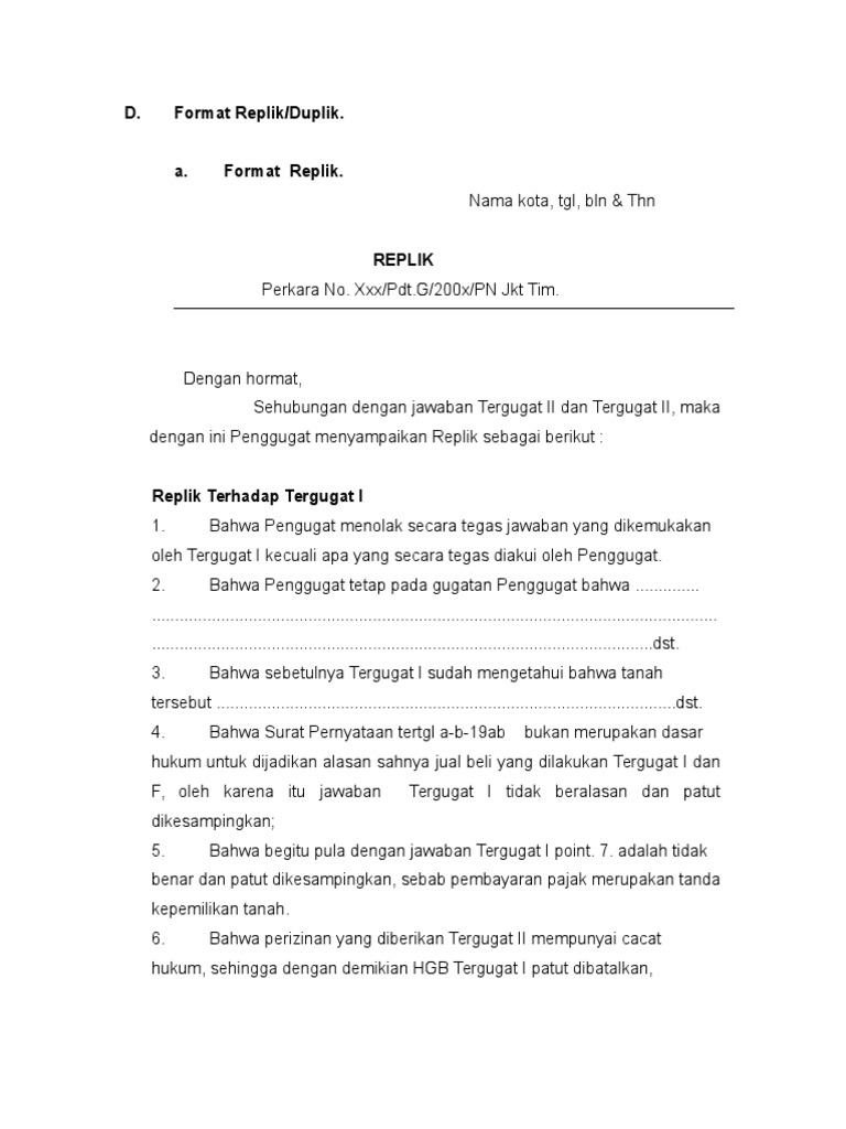 Format Replik dan Duplik Perdata | PDF