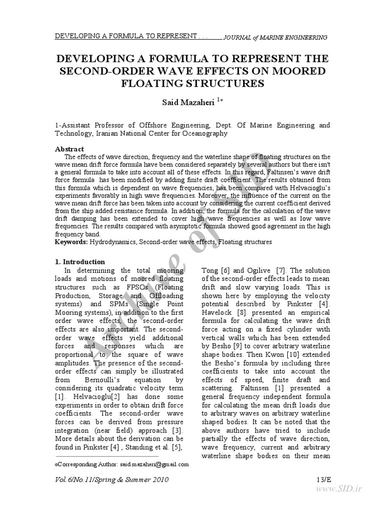 Developing A Formula To Represent The Second Order Wave Effects On Moored Floating Structures