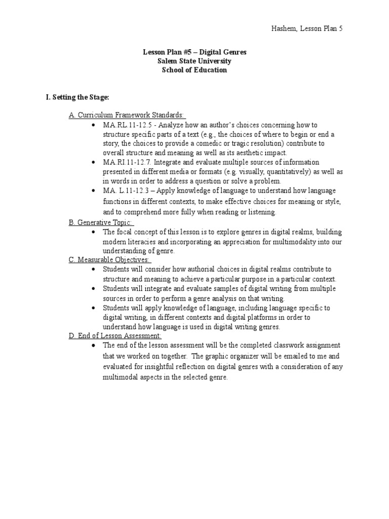 Lesson Plan 5 - Digital Genres | PDF | Lesson Plan | Genre