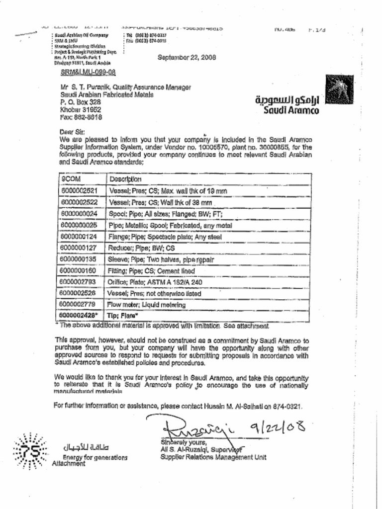 Saudi Aramco Approval PDF | PDF