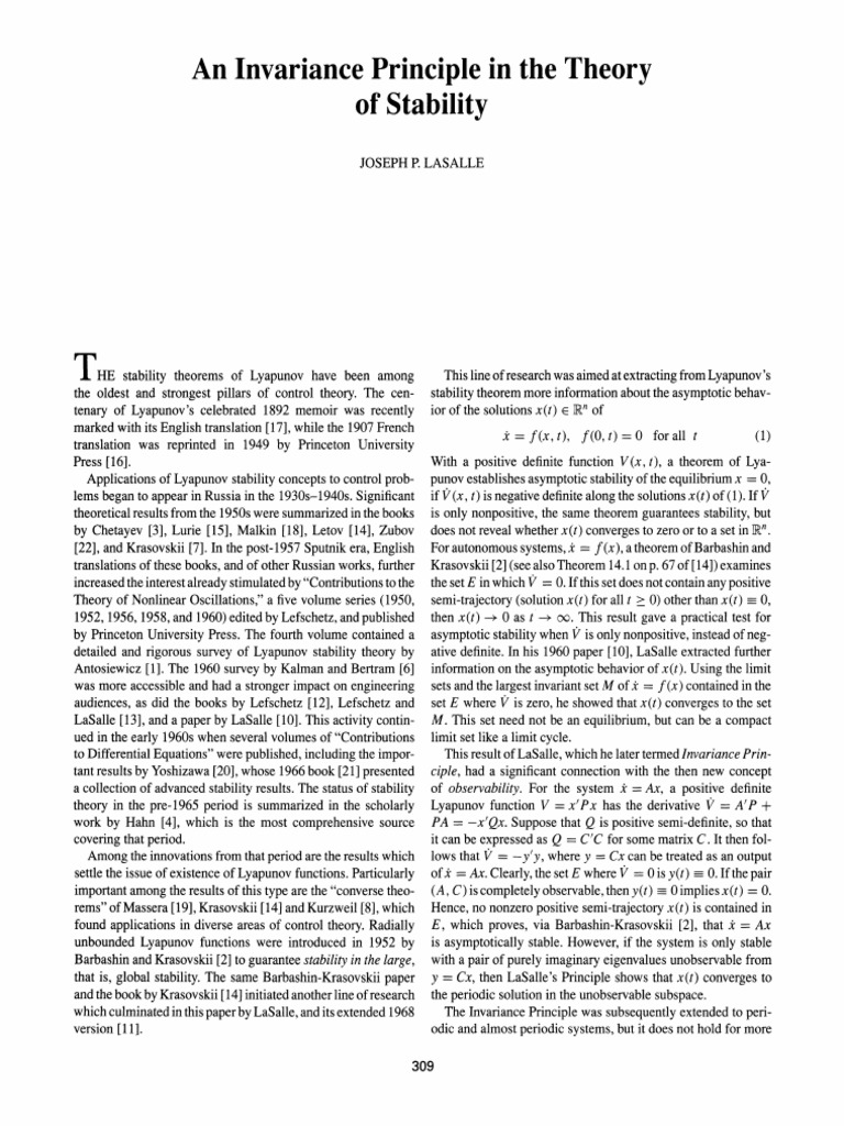 An Invariance Principle in The Theory of Stability | PDF | Stability ...