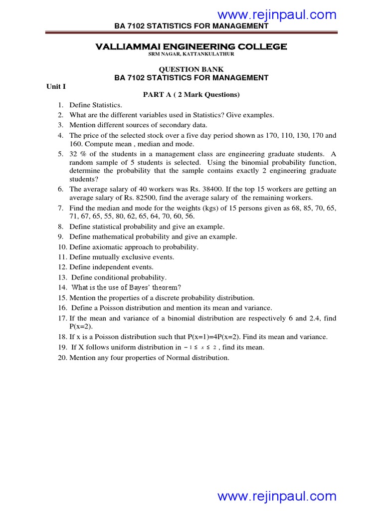 Statistics Question Bank for BA 7102 with Solutions to Unit I Multiple ...