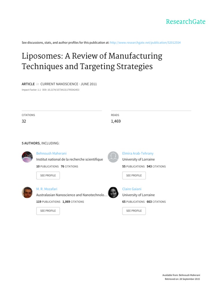 Liposomes A Review of Manufacturing Techniques and Targeting Strategies ...