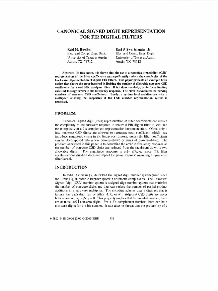Canonical Signed Digit Representation For FIR Digital Filters | PDF | Digital Signal Processing ...