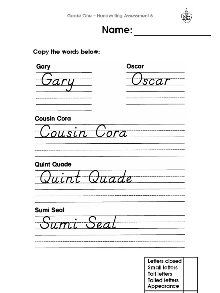 Handwriting Assessment 6 | PDF