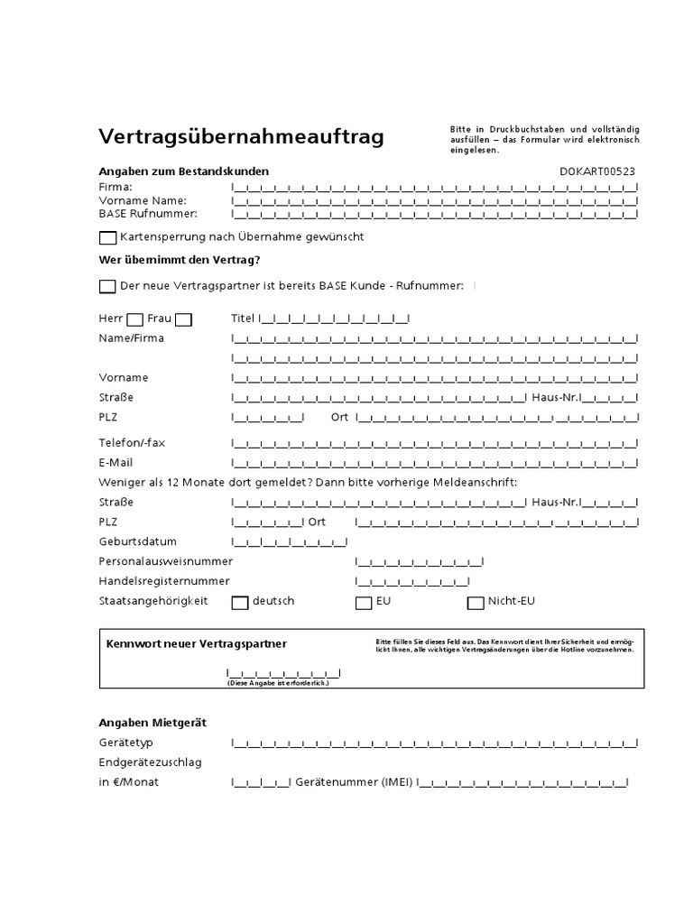 BASE Vertragsuebernahme-Formular Fuer Privatkunden | PDF