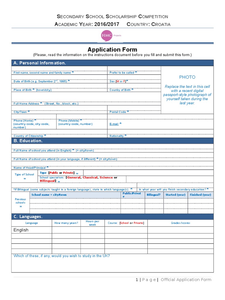 Application Form: S S S C A Y: 2016/2017 C: C | PDF | Schools | Further ...
