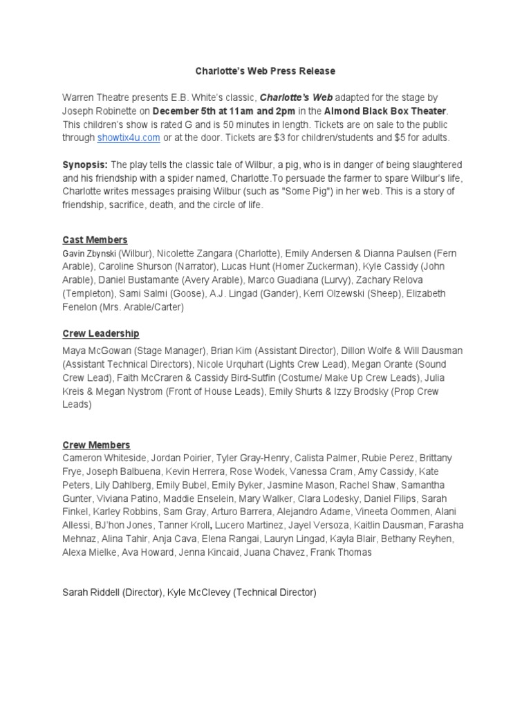Charlotte's Web Stage Adaptation Event | PDF | General Fiction