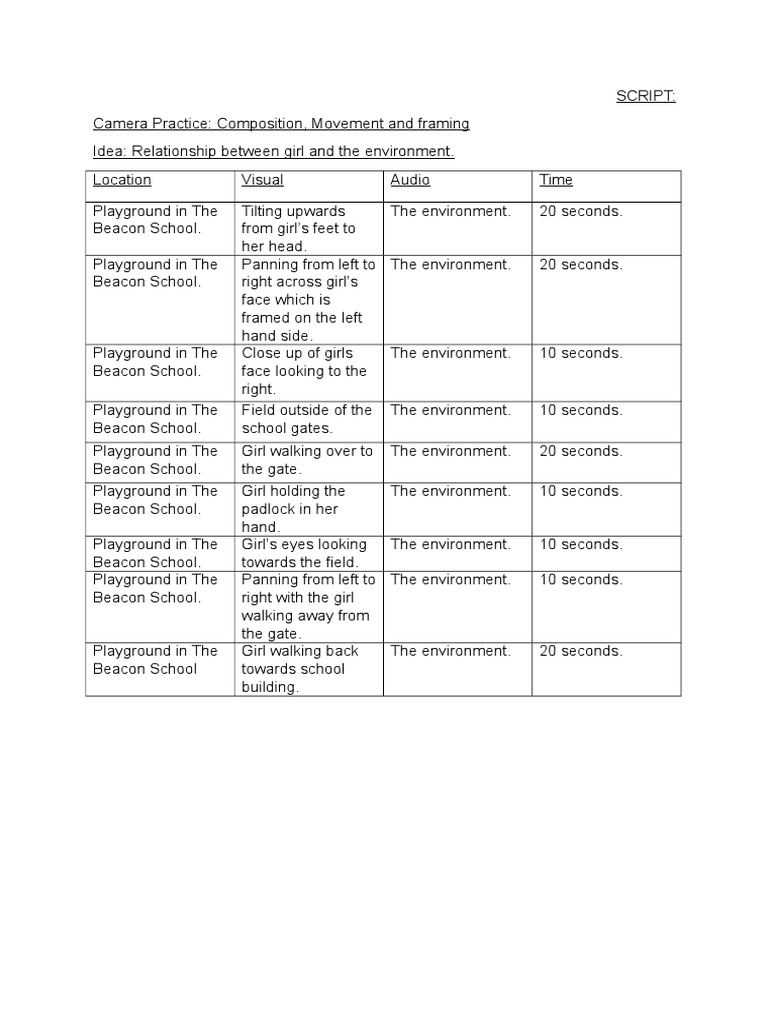 SCRIPT For Camera Practice: Composition Framing and Movement | PDF