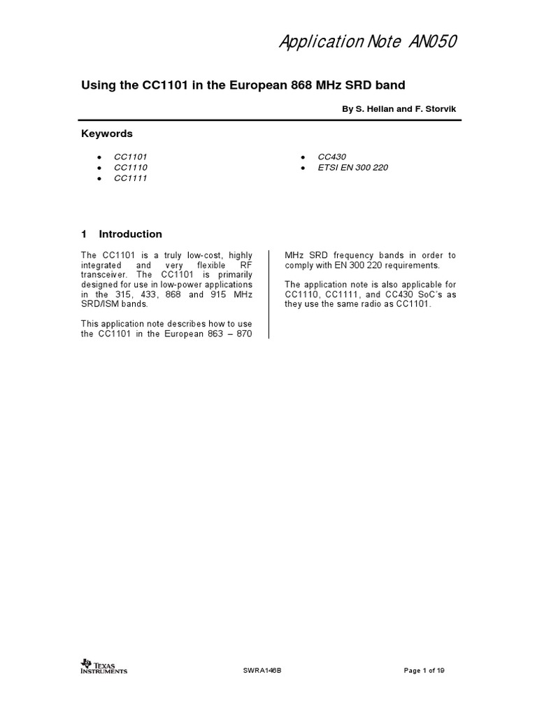 Swra146b - Using The CC1101 in The European 868 MHZ SRD Band | PDF ...