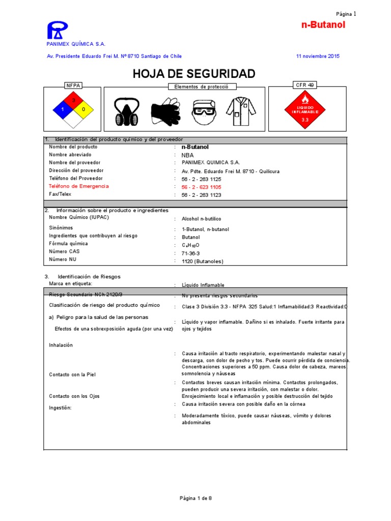 Hoja de Seguridad del n-Butanol | PDF | Agua | Oxígeno