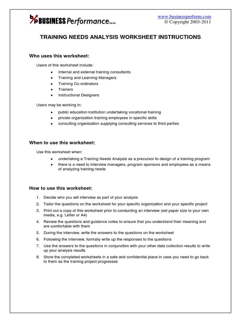 Training Needs Analysis Worksheet Sample | PDF | Interview | Business
