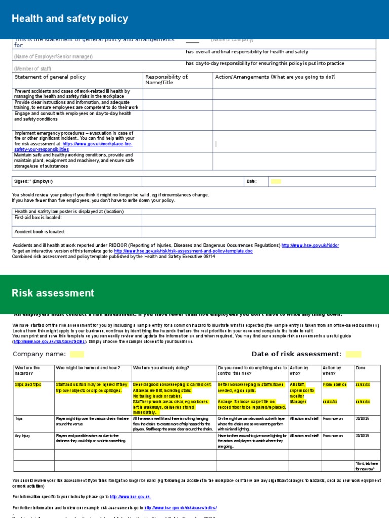 Risk Assessment and Policy Template SITE SPECIFIC | Occupational Safety ...
