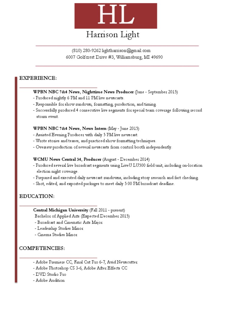 Harrison Light Resume Broadcasting | PDF | News Broadcasting | Media ...