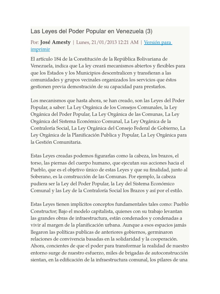 Leyes del Poder Popular en Venezuela | PDF | Venezuela | Federación